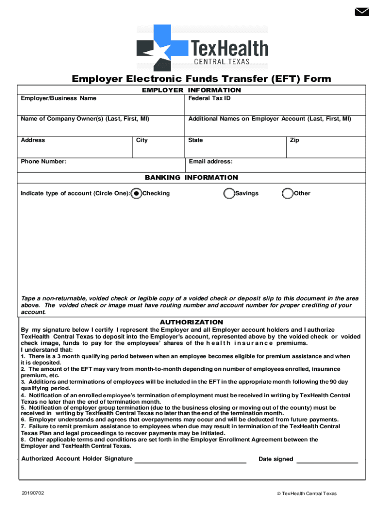 Fillable Online www.texhealthct.orgeft-employer-form5d1be76d0fca9Employer Electronic Funds ...