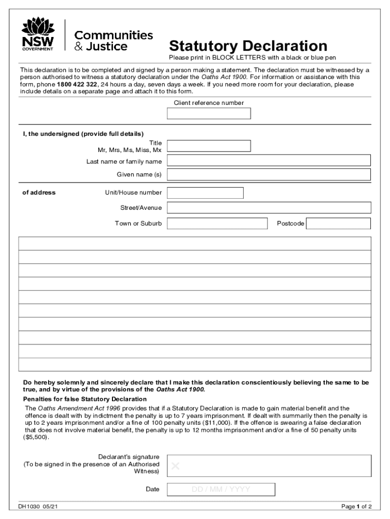 Fillable Online Statutory Declaration DH1030. To be completed and ...