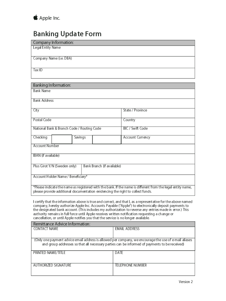 Fillable Online apple.comlegalprocurementBanking Update Form - Apple ...