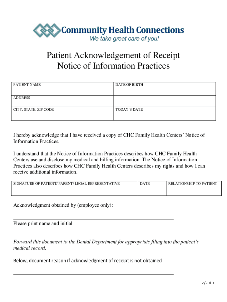 Fillable Online Patient Name: Acknowledgement Of Receipt Of Notice Of ...