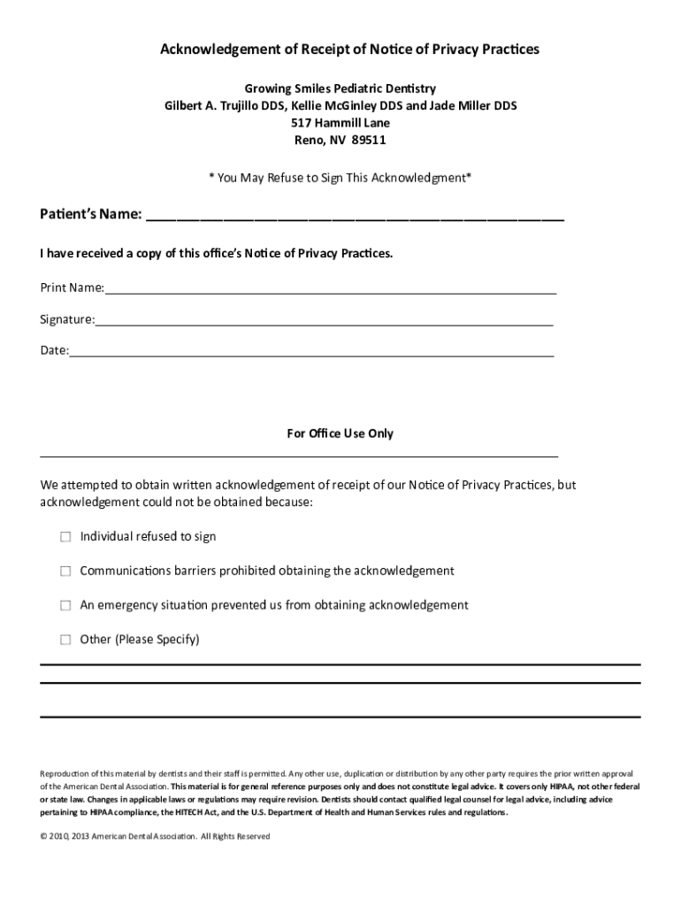 Fillable Online Acknowledgement of Receipt of Notice of Privacy Policy ...