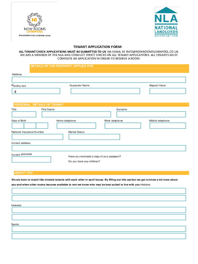 Fillable Online nowroomsliverpool co Tenant Application Form - Now ...