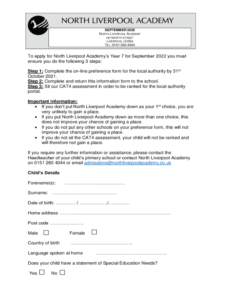 Fillable Online northliverpoolacademy co NLA Application Form Sept 2022 ...