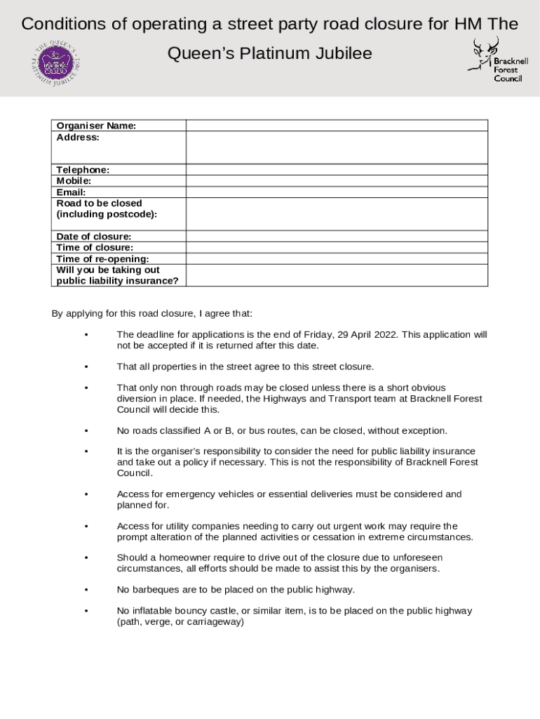 Platinum Jubilee road closure application Doc Template | pdfFiller