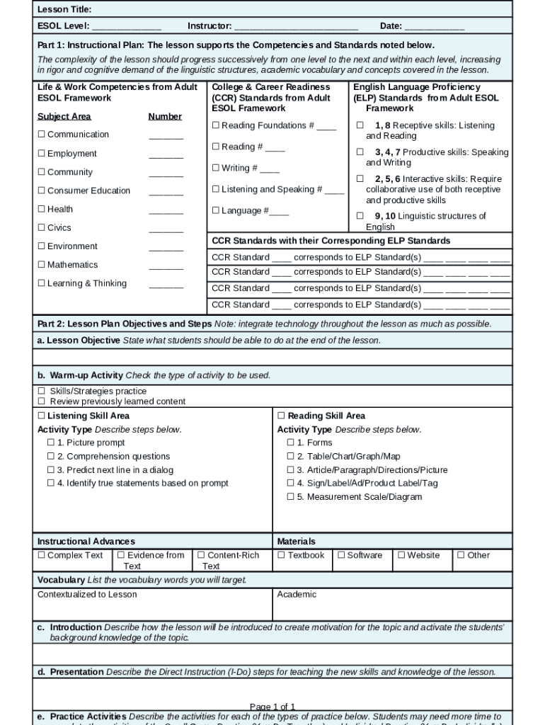 Lesson Plan Template for Instructors using the FDOE Adult ESOL ... Doc ...