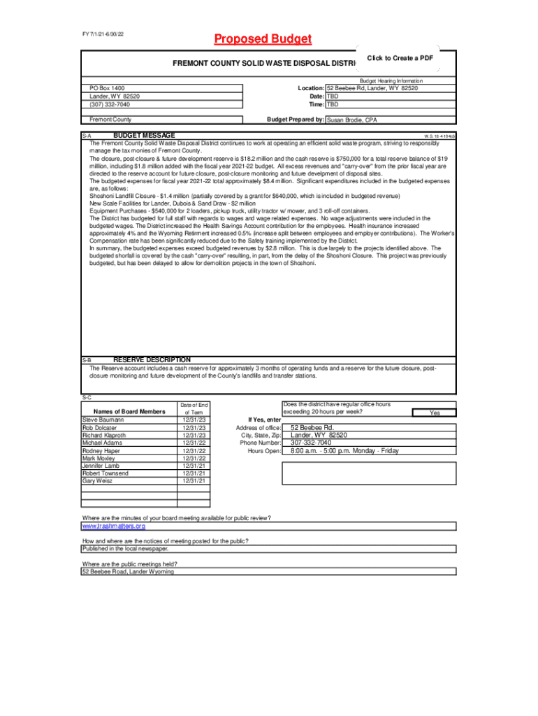 Fillable Online FREMONT COUNTY SOLID WASTE DISPOSAL DISTRICT BUDGET ...