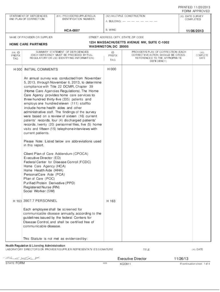 Fillable Online doh dc Printed: 08 21 2008 Form Approved Statement Of Deficiencies And Plan Of ...