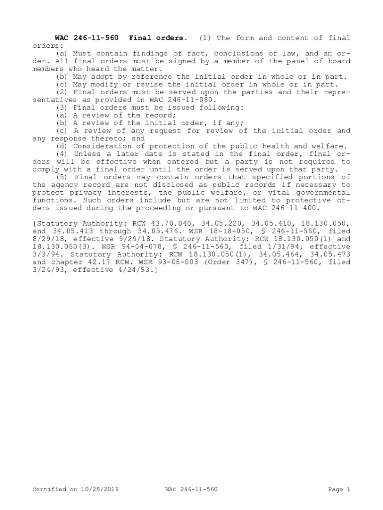 Fillable Online WAC 246-11-560 Final orders. (1) The form and content of final ... Fax Email ...