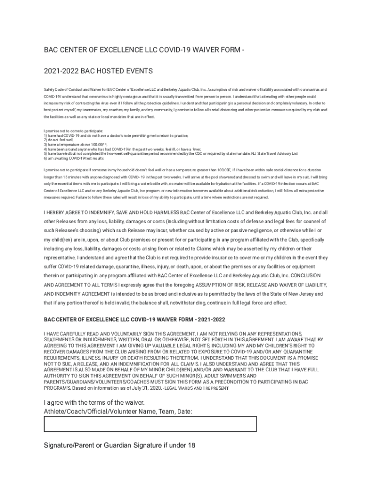Fillable Online BAC CENTER OF EXCELLENCE LLC COVID-19 WAIVER FORM Fax ...