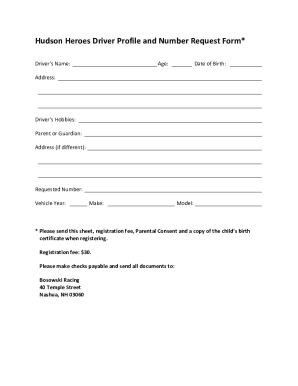 Fillable Online Hudson Heroes Driver Profile and Number Request Form ...