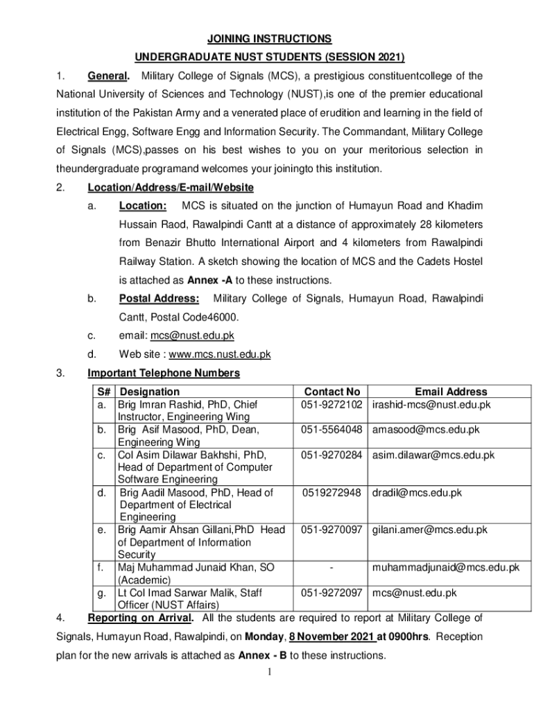 Fillable Online 1 JOINING INSTRUCTIONS UNDERGRADUATE NUST STUDENTS Fax ...