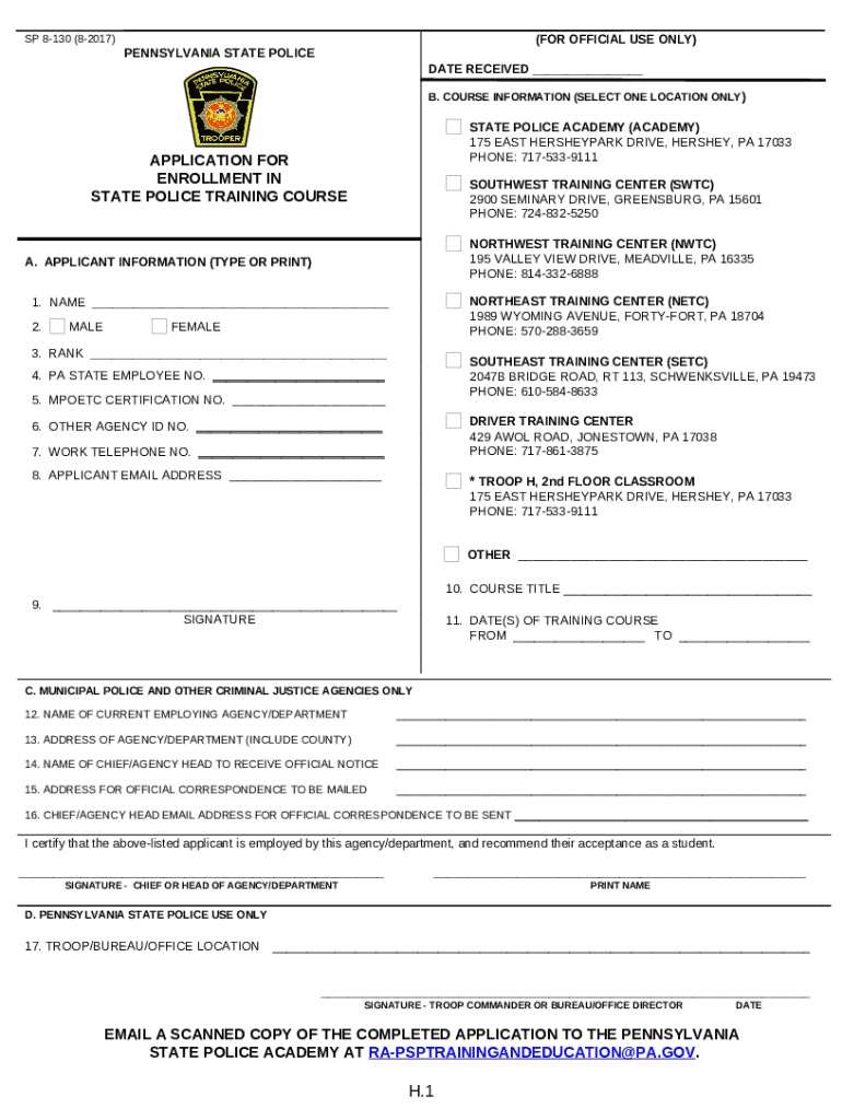 Application for Enrollment in State Police Training Course, Sp 8 ... Doc Template | pdfFiller