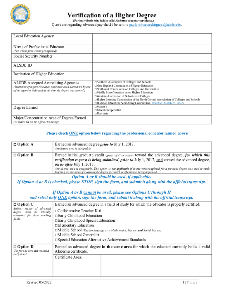 Fillable Online Verification of Higher Degree Form VHD - Alabama State ...