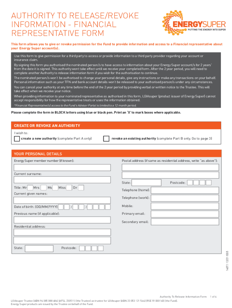 Fillable Online www.energysuper.com.au - mediaAUTHORITY TO RELEASE/REVOKE INFORMATION - Energy ...