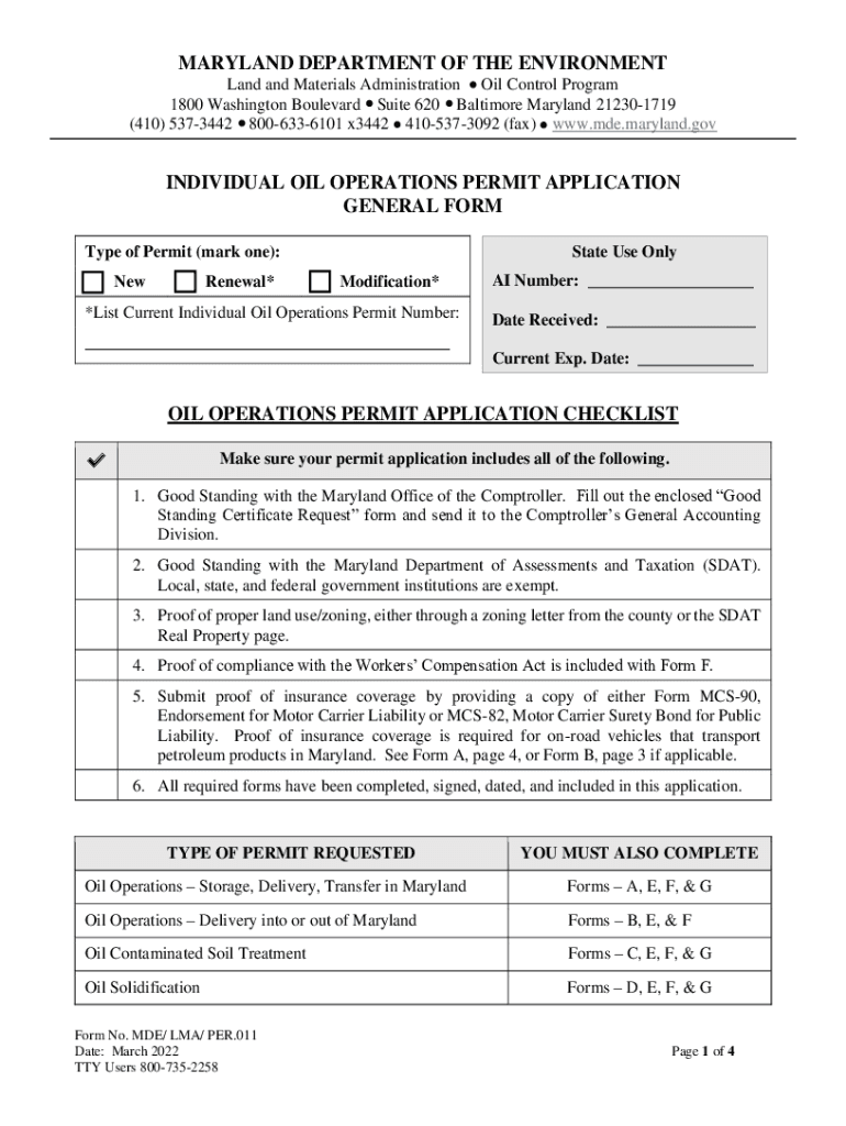 Fillable Online mde maryland Individual Oil Operations Permit ...