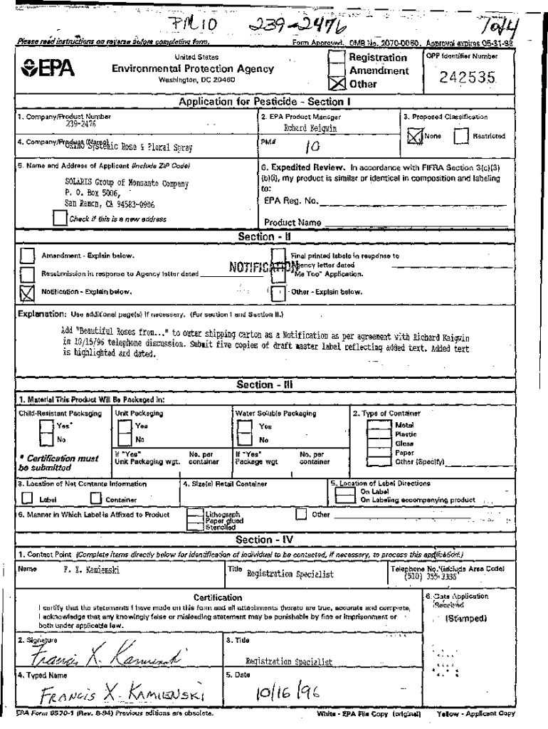 Fillable Online APPLICATION FOR REGISTRATION OF A PESTICIDE ... Fax ...