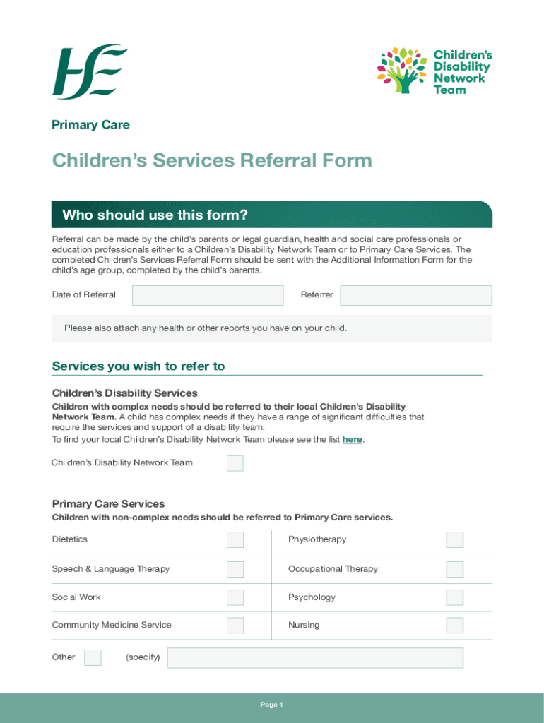 Fillable Online Childrens Services Referral Form. Childrens Services ...