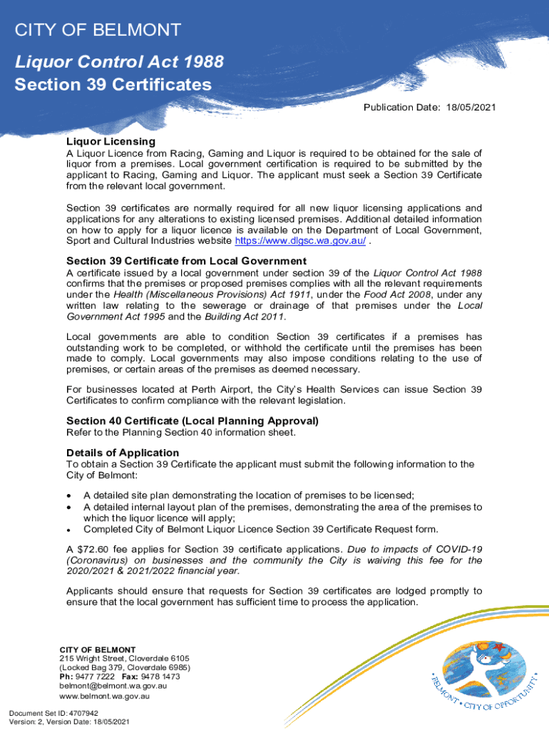 Fillable Online ECM4707942v2Liquor Licence Section 39 Certificate ...