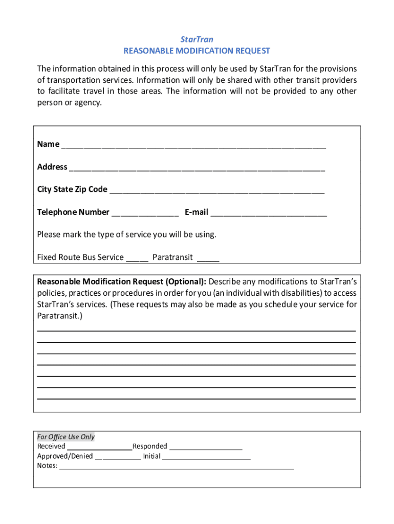 Fillable Online StarTran Reasonable Modification Request Form. City of ...