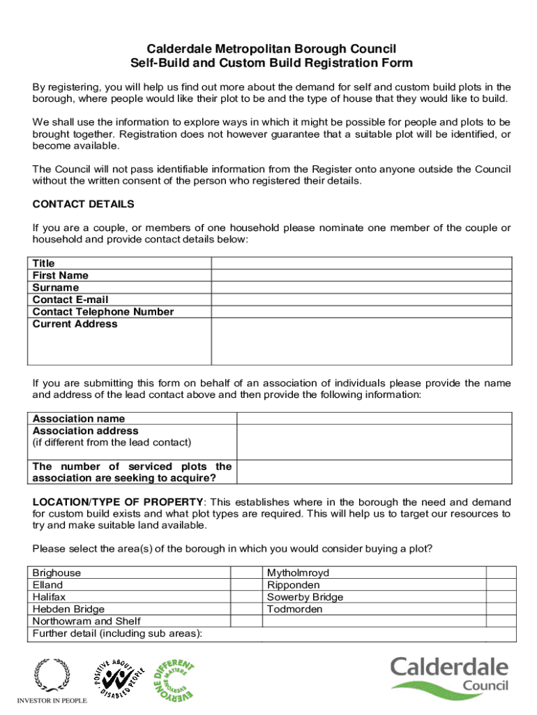 Fillable Online Registration Form. Self Build and Custom Build Fax ...