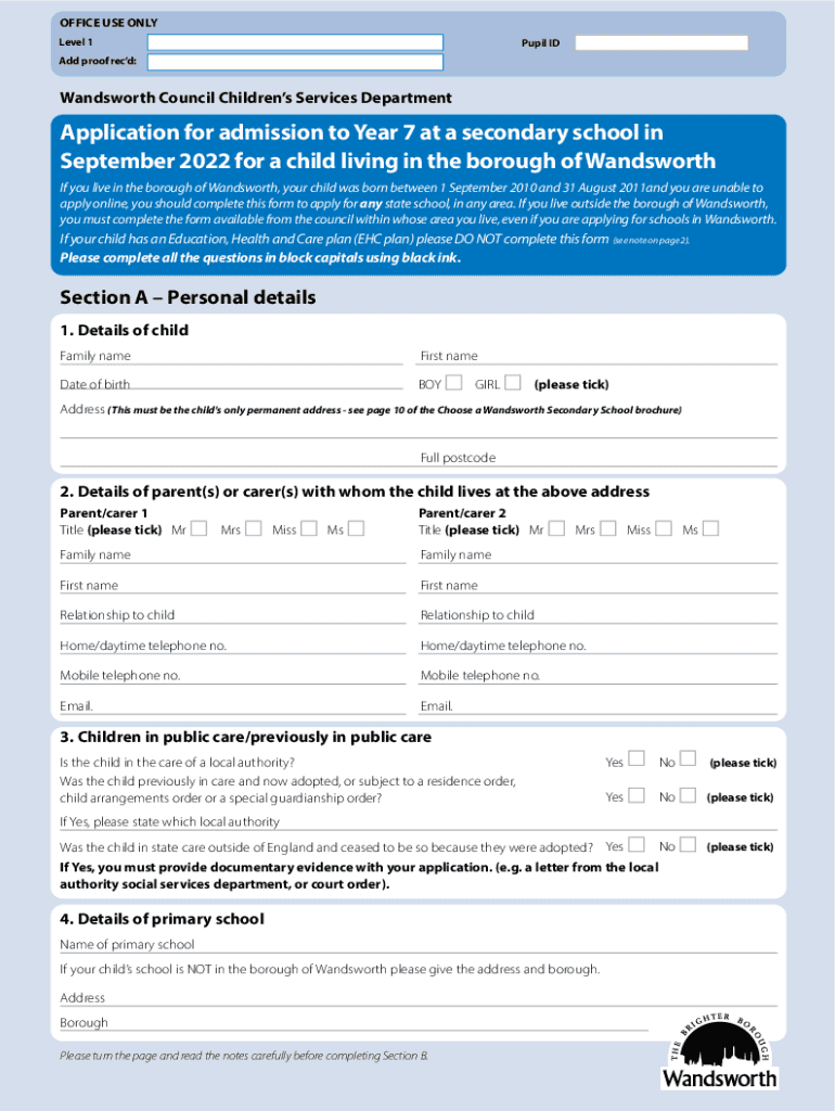 Fillable Online wandsworth gov Fillable Online Primary admission application form Fax Email ...