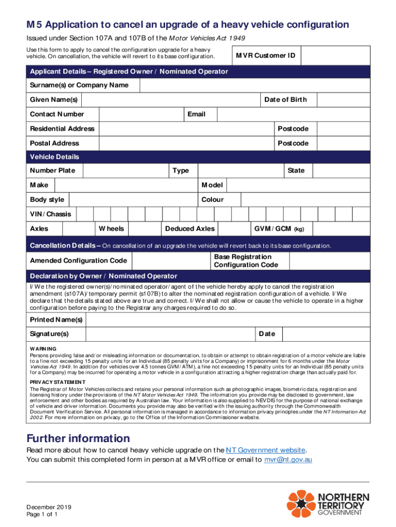 Fillable Online nt gov M5 Application to cancel an upgrade of a heavy ...