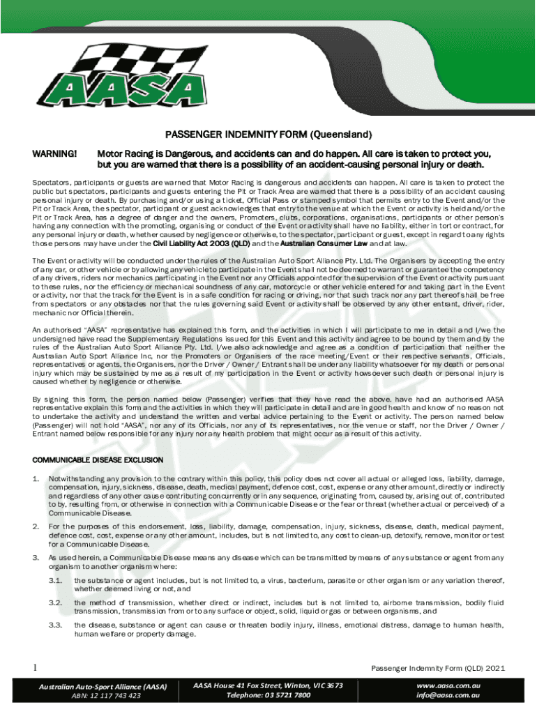 Fillable Online DRIVER / PASSENGER INDEMNITY FORM Drag Racing MOTOR ...