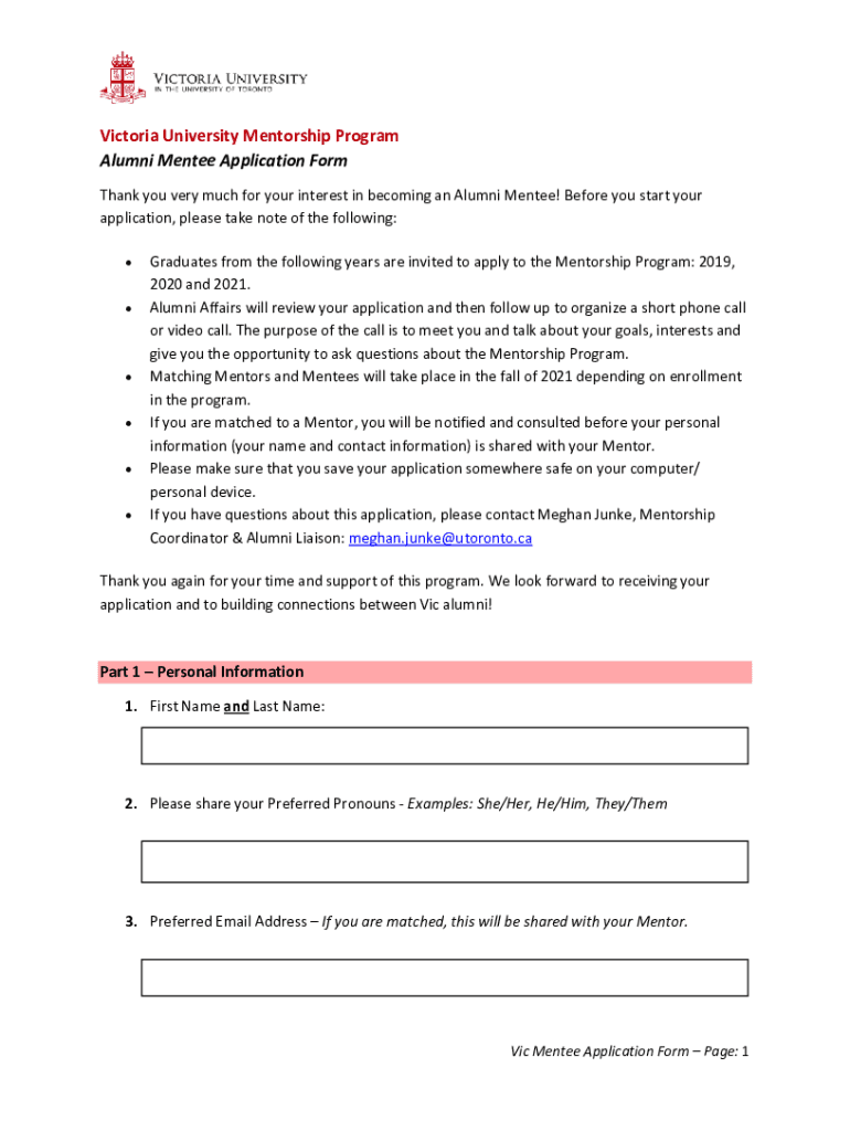 Fillable Online Victoria University Mentee Application Form Fax Email Print - pdfFiller