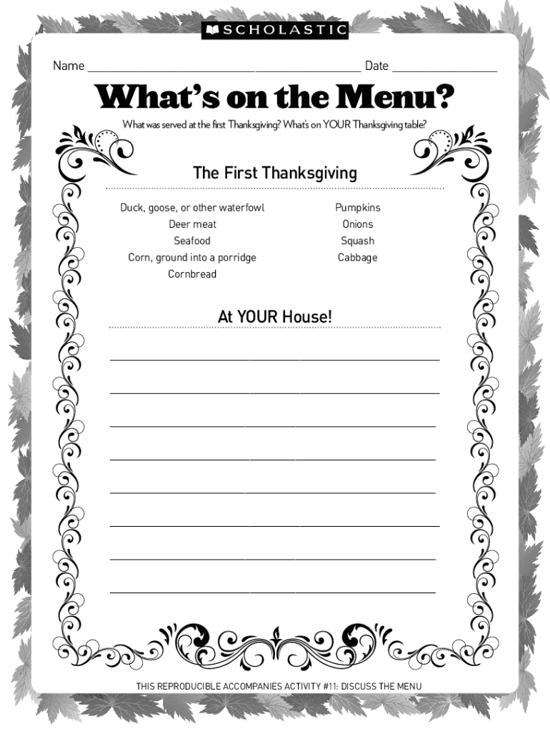Fillable Online What Was on the Menu at the First Thanksgiving? Fax ...
