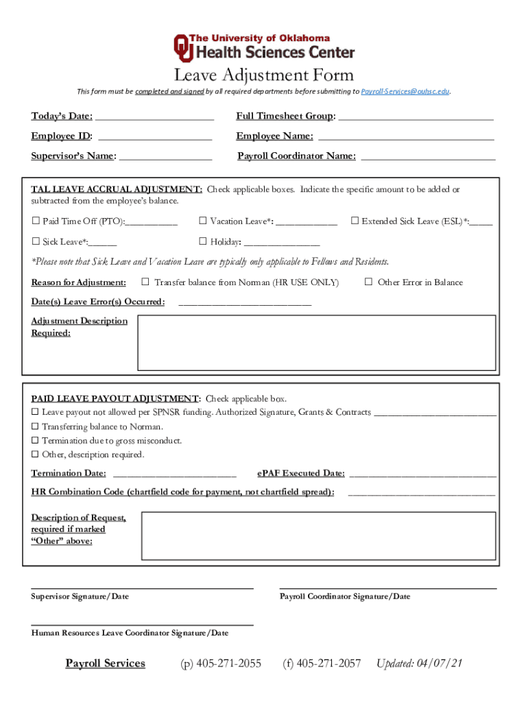 Fillable Online Leave Adjustment Form - Example - Postdoc/Fellow Annual ...