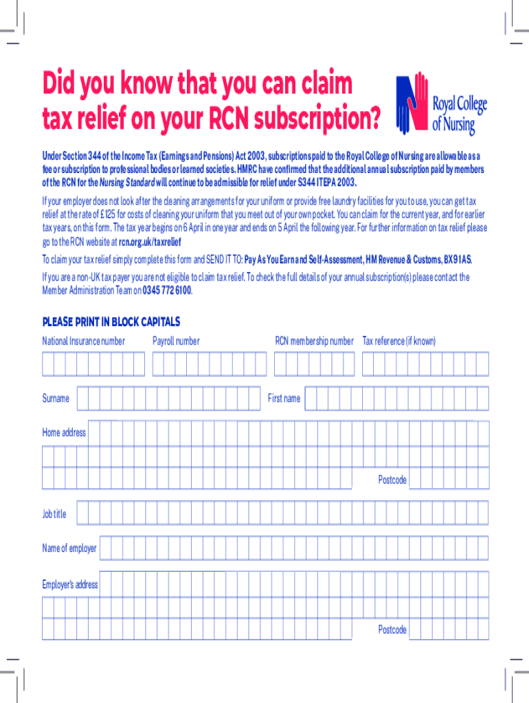 Fillable Online Did you know that you can claim tax relief on your RCN ...