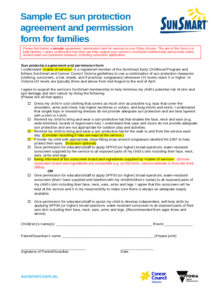 Sample EC sun protection agreement and permission for ... - SunSmart ...