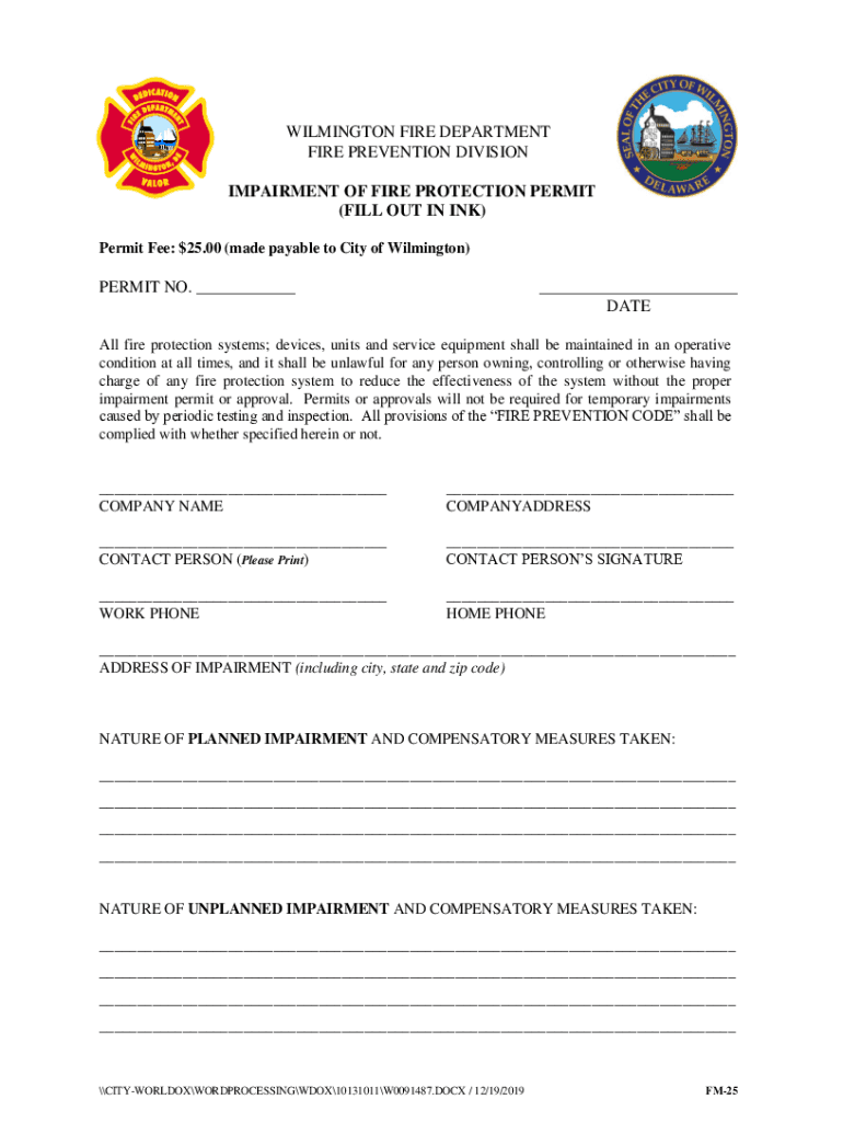 Fillable Online IMPAIRMENT OF FIRE PROTECTION PERMIT-W0091487.DOCX. Fax ...