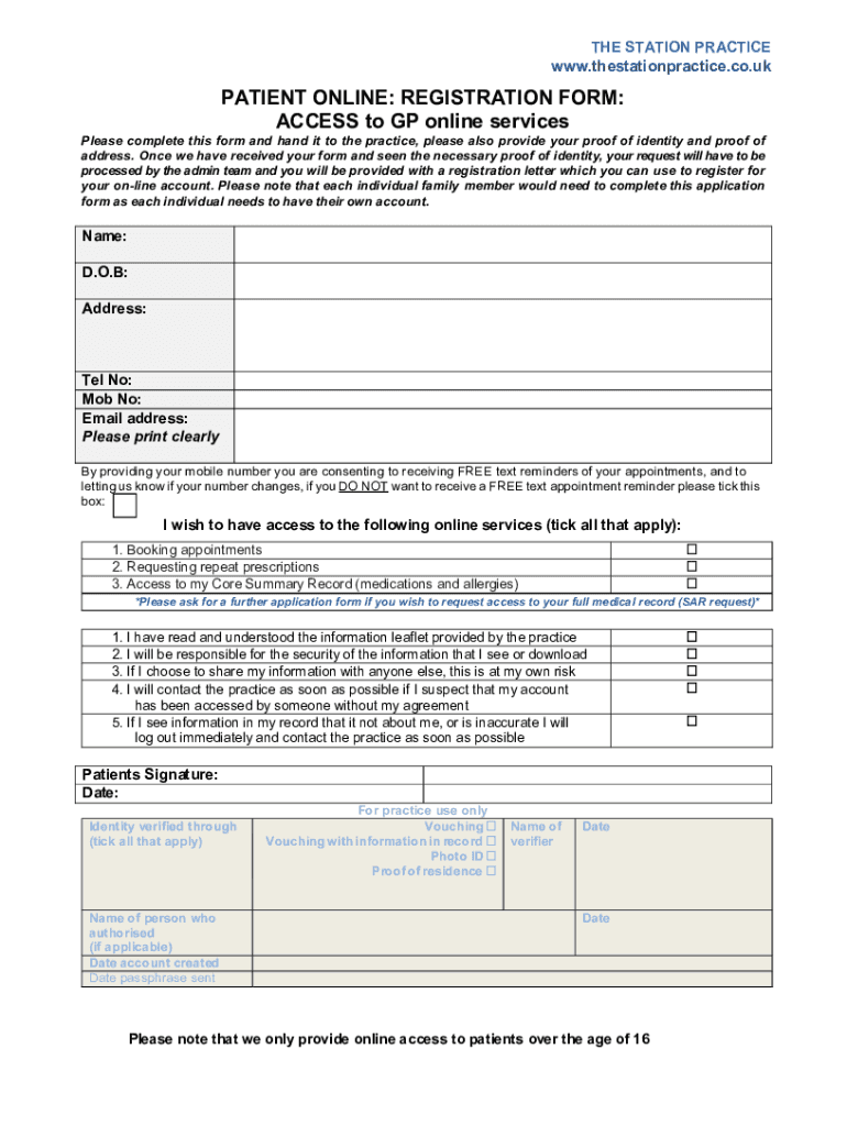 Fillable Online Patient Online: Registration Form Access to GP online services Fax Email Print ...