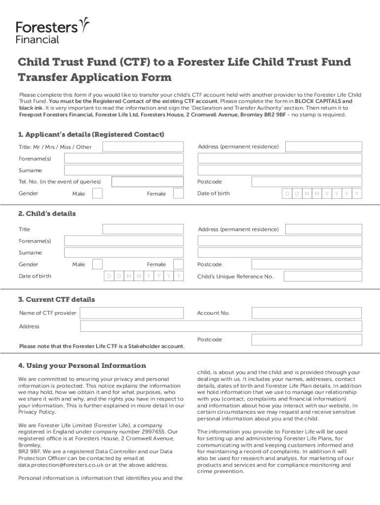 Fillable Online Child Trust FundTop Up or Transfer a CTF - Foresters ...