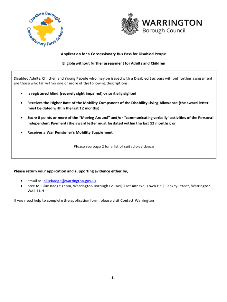 Fillable Online Application for a Concessionary Bus Pass for Disabled ...
