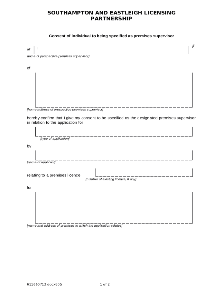 Premises supervisor consent Doc Template | pdfFiller