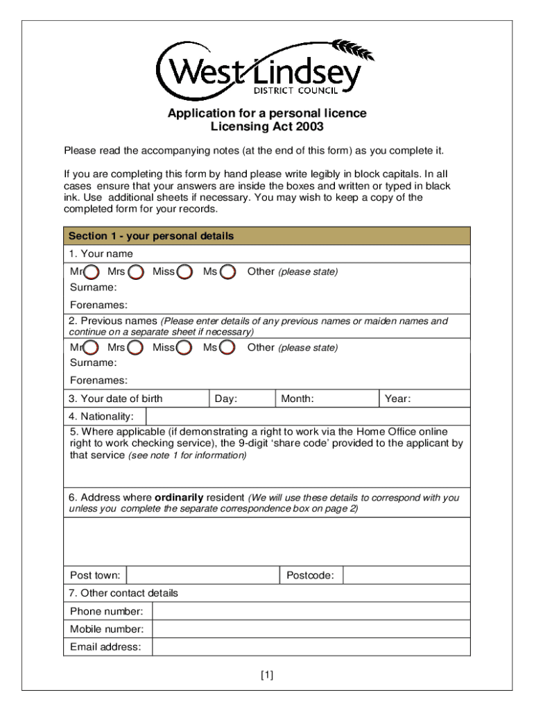 Fillable Online Application for a personal Licence. Application for a ...