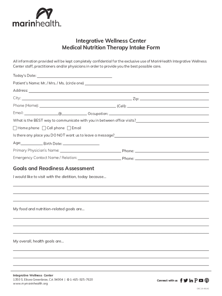 Fillable Online Integrative Wellness Center Medical Nutrition Therapy ...