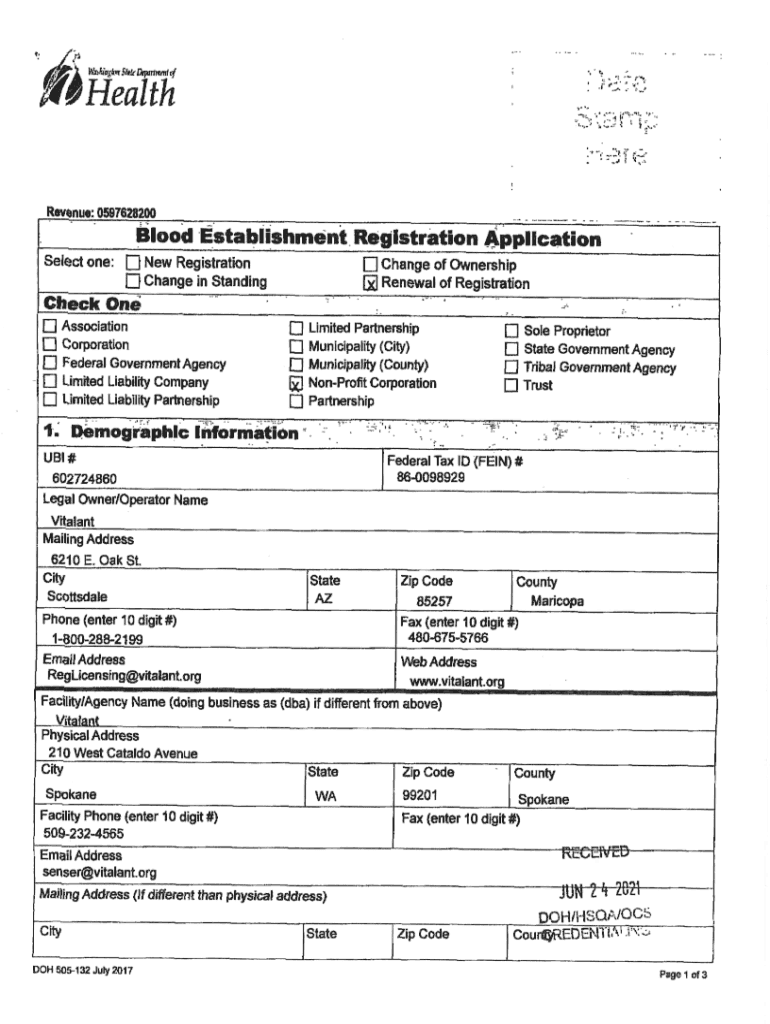 Fillable Online doh wa Blood Establishment Registration Application for ...