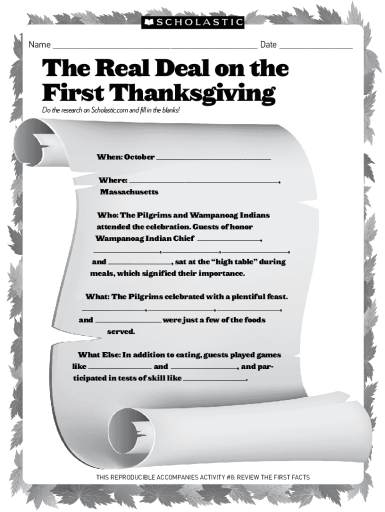 Fillable Online The Real Deal on the First Thanksgiving. Have students ...