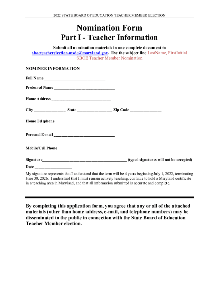 Fillable Online State Board Teacher Member Election Nomination Form ...