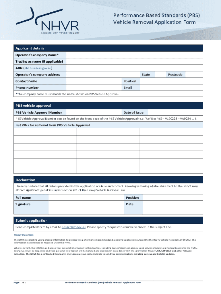 Fillable Online Performance Based Standards (PBS) Vehicle Removal ...