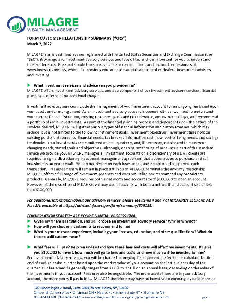 Fillable Online Form CRS Relationship Summary; Amendments to Form ADV ...