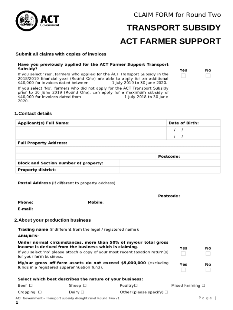 CLAIM for Round Two TRANSPORT SUBSIDY ACT FARMER SUPPORT Doc Template ...