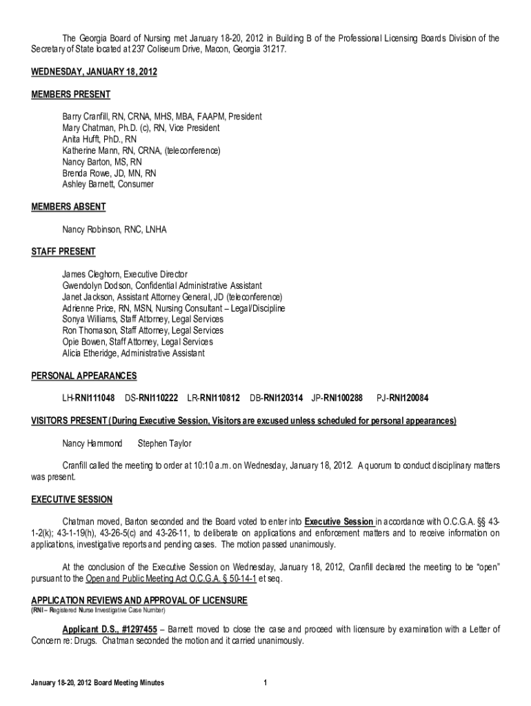 Fillable Online sos ga The Georgia Board of Nursing met January 18-20 ...