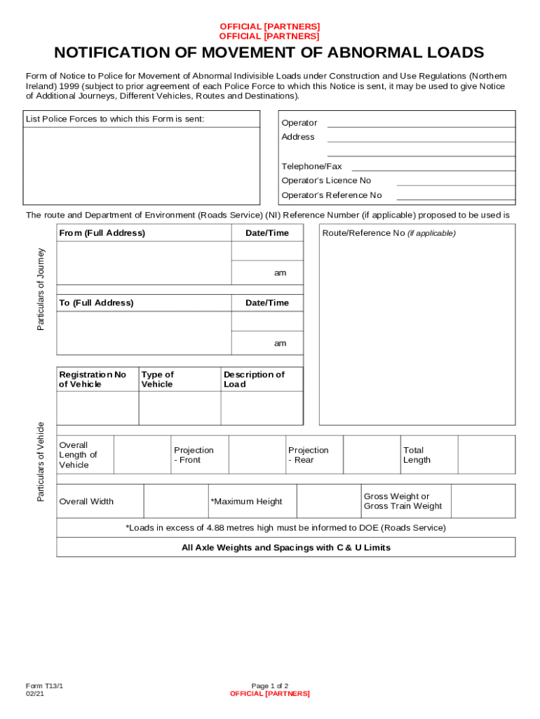 T13/1 - Notification of Movement of Abnormal Loads. T13/1 ...