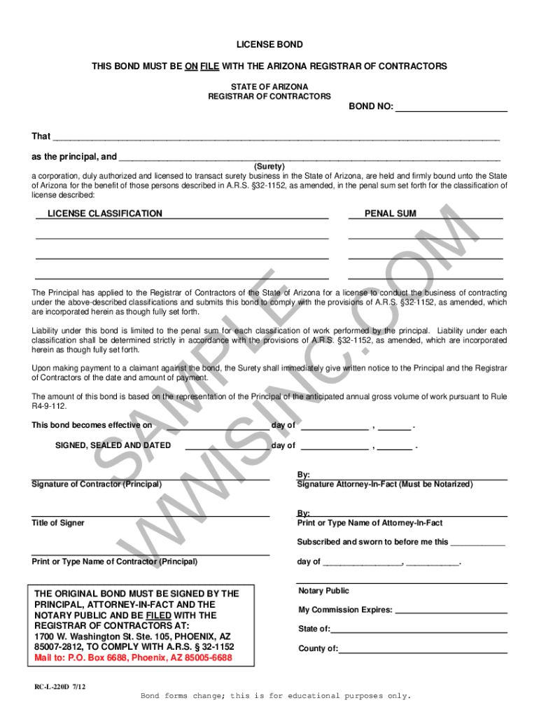 Fillable Online Rc-l-220D Bond Form.pdf - Arizona Registrar of ...