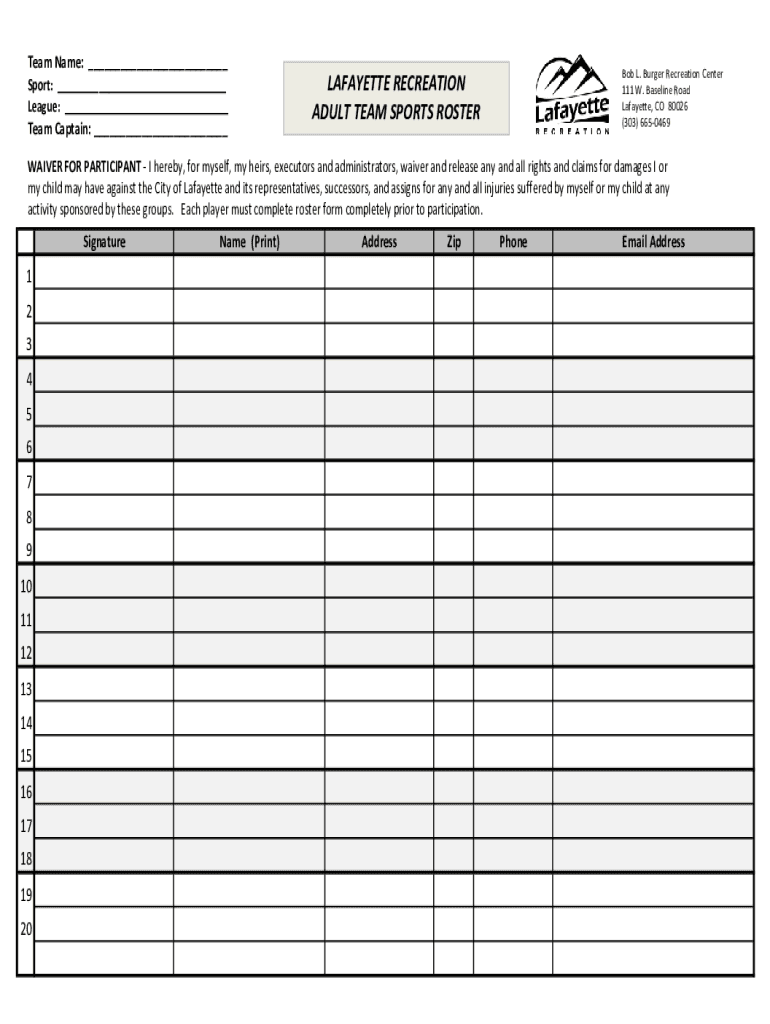 Fillable Online www.lafayetteco.govDocumentCenterViewTeam Name ...