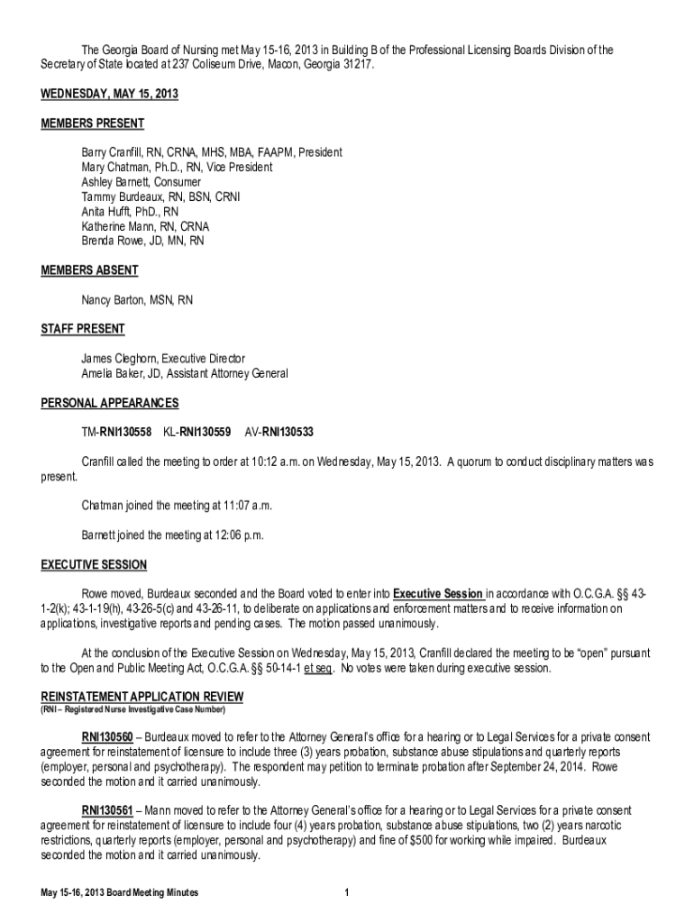 Fillable Online sos ga The Georgia Board of Nursing met May 15-16, 2013 ...